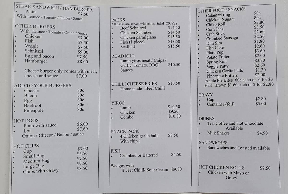 Menu at Hamley Take-Away fast food, Hamley Bridge