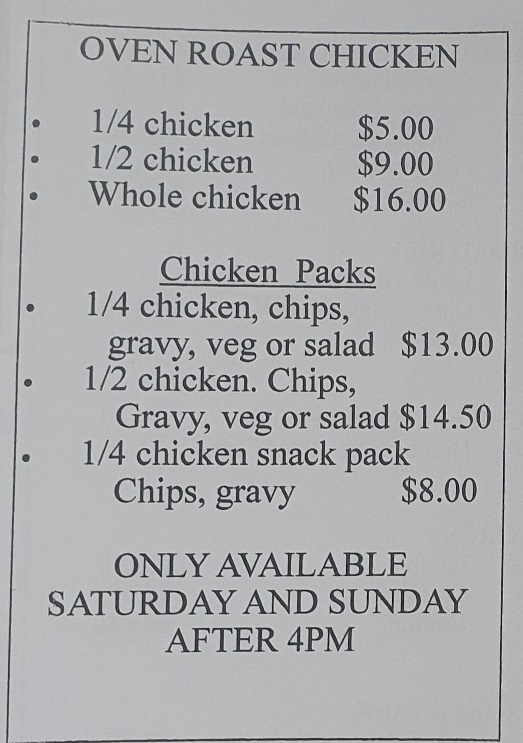 Menu at Hamley Take-Away fast food, Hamley Bridge