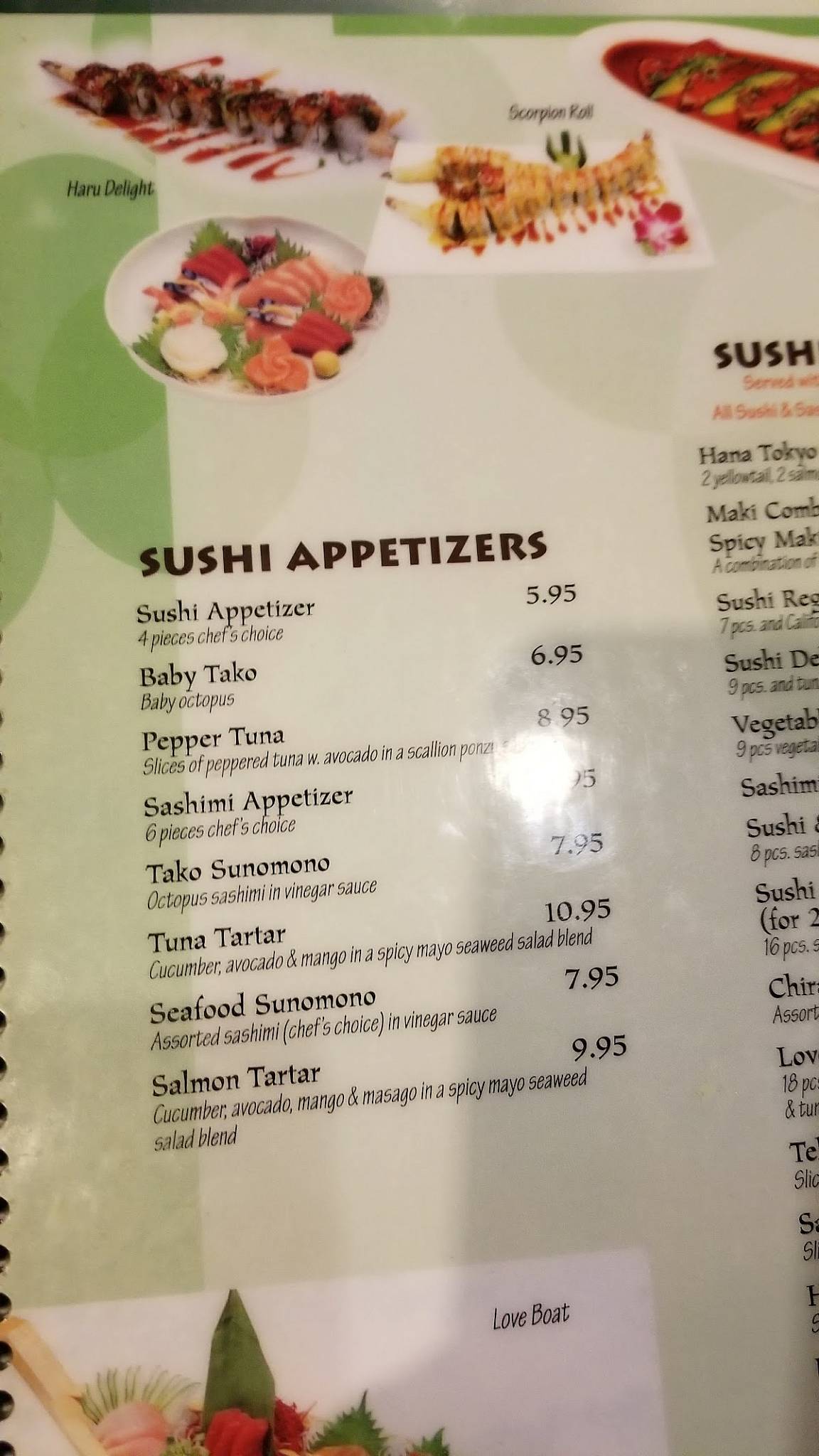 Menu at Hana Tokyo restaurant, Sierra Vista