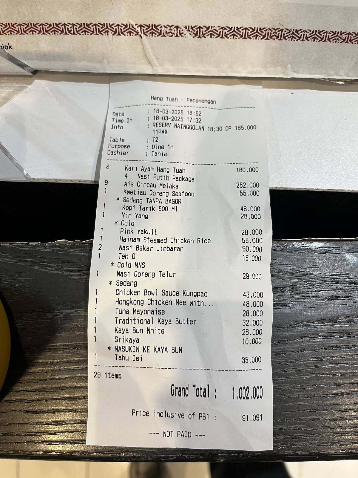 Menu at Hang Tuah - Pecenongan restaurant, Central Jakarta