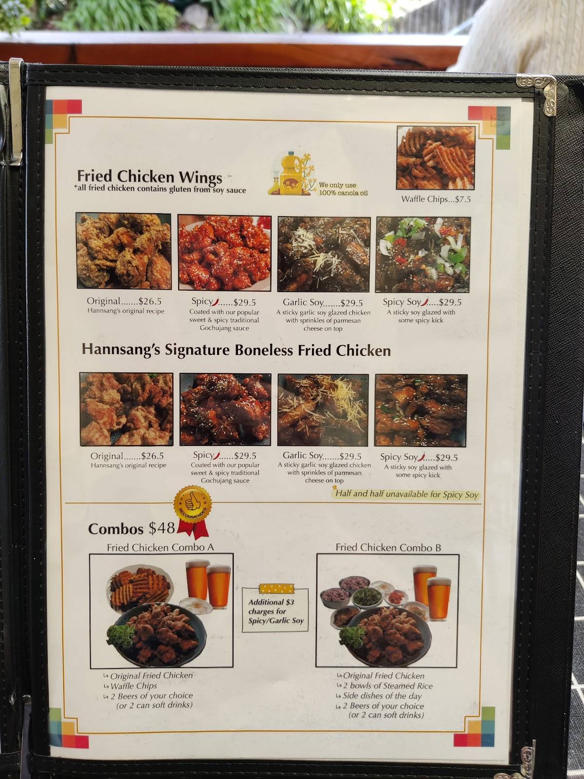 Menu at Hann Sang restaurant, Whangarei
