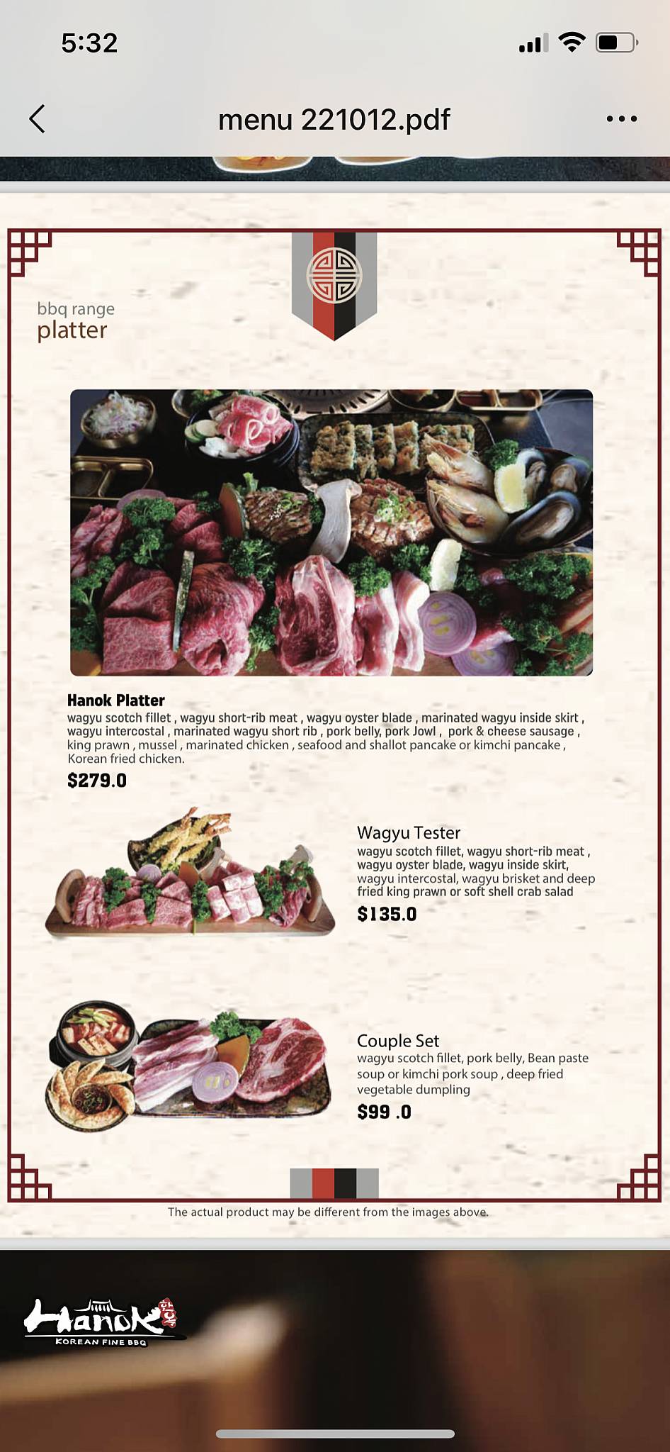 Menu at Hanok Korean BBQ, Campbelltown