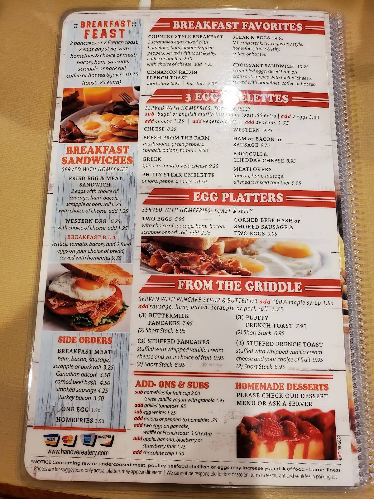 Menu at Hanover Eatery restaurant, Bethlehem