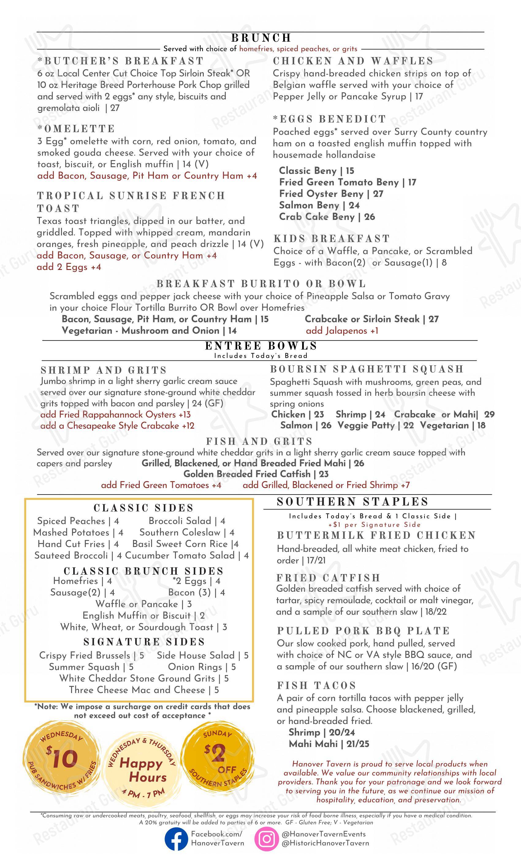 Menu at Hanover Tavern restaurant, Hanover