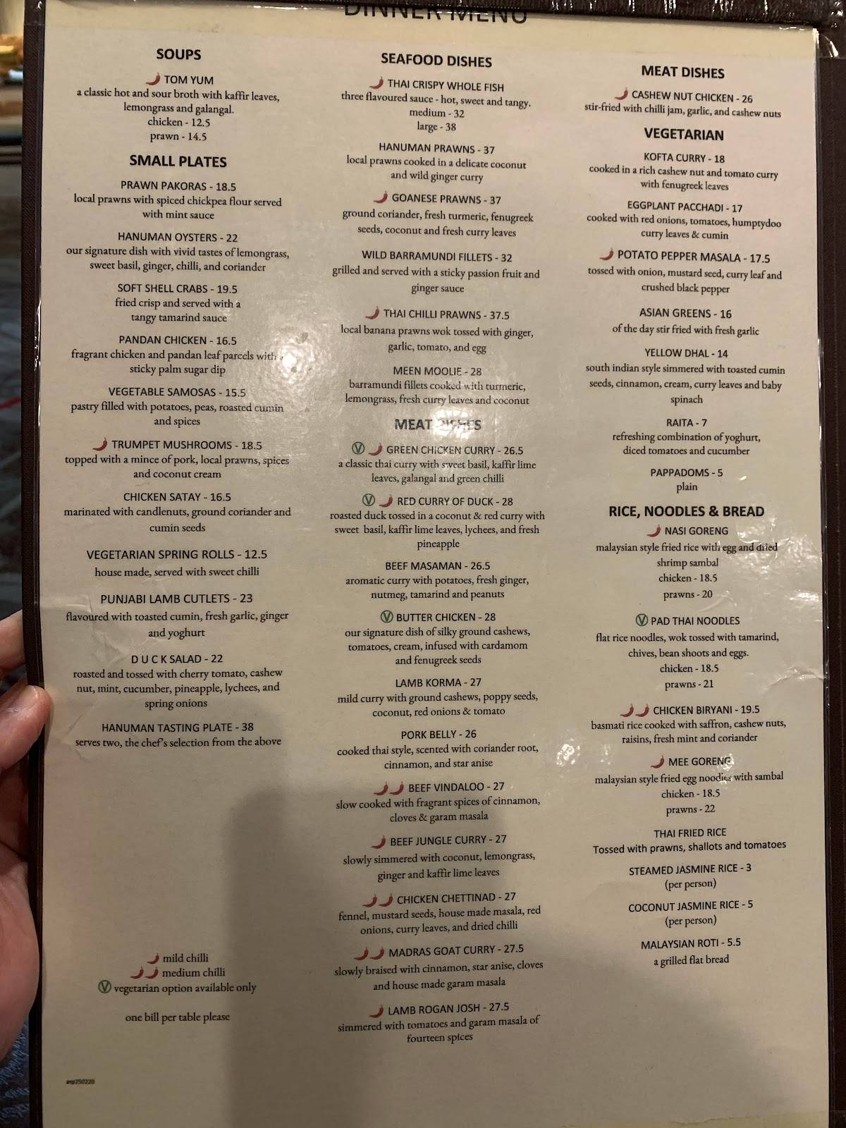 Menu at Hanuman restaurant, Alice Springs, 82 Barrett Dr