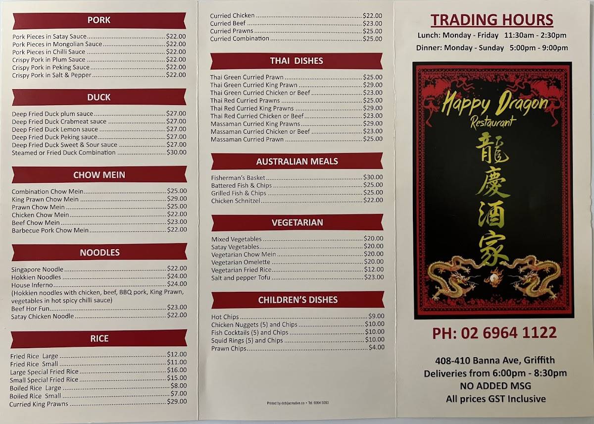 Menu at Happy Dragon Restaurant, Griffith