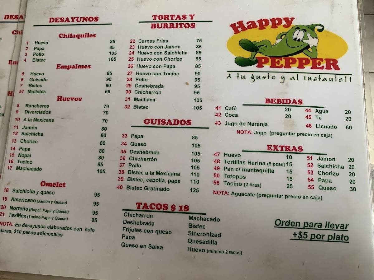 Menu at Happy Pepper restaurant, Monterrey