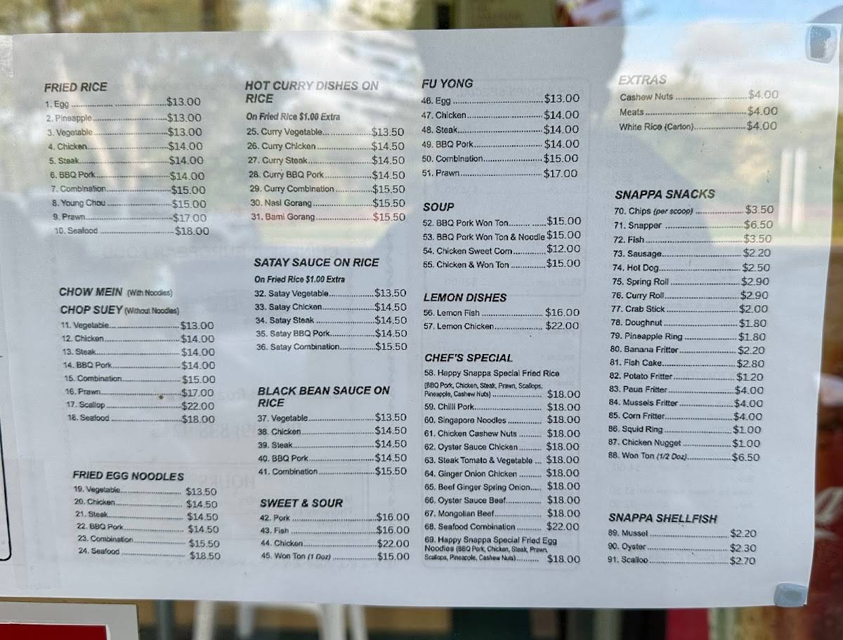 Menu at Happy Snappa restaurant, Auckland