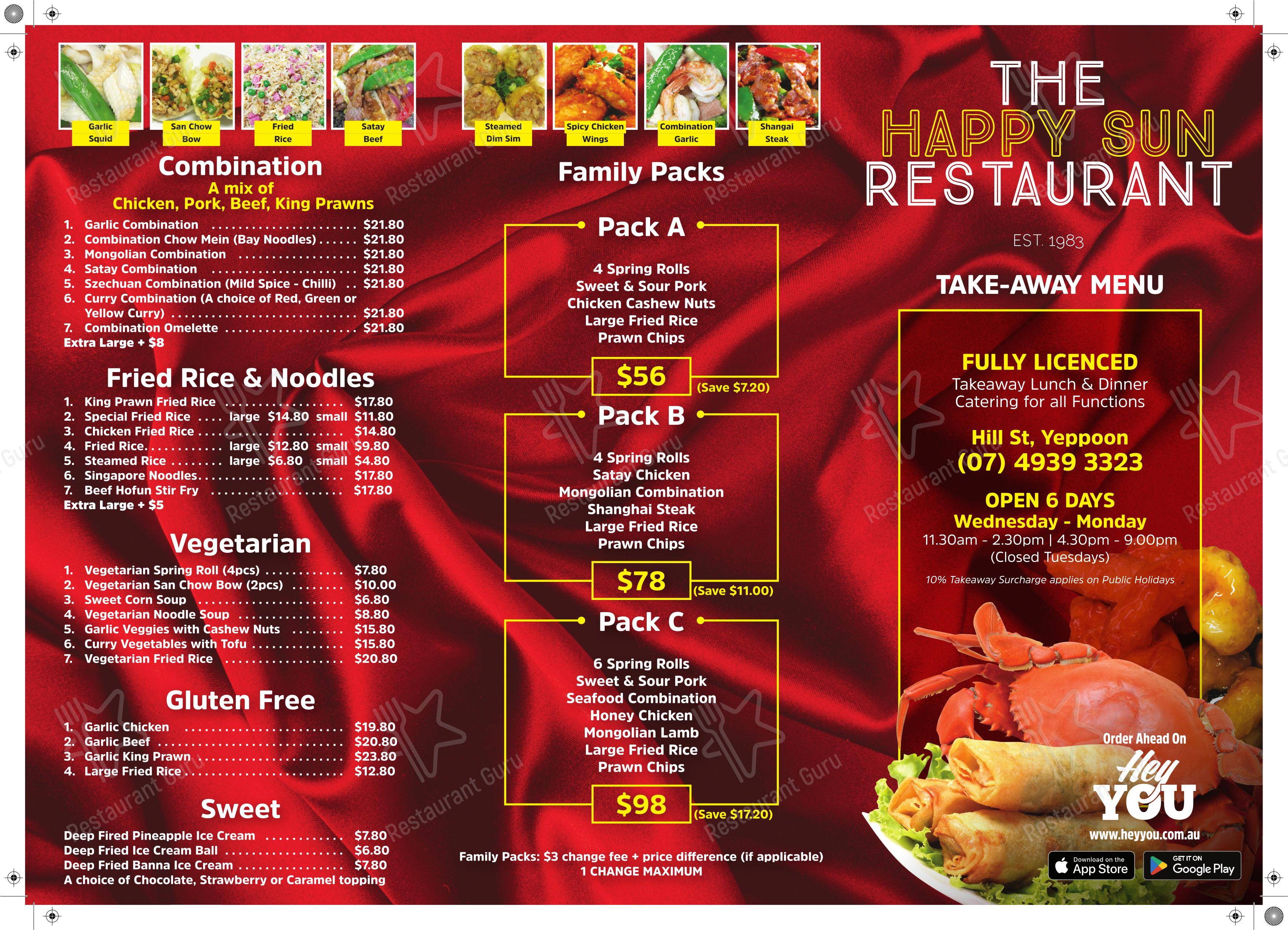 Menu at Happy Sun Restaurant, Yeppoon, 20 Hill St