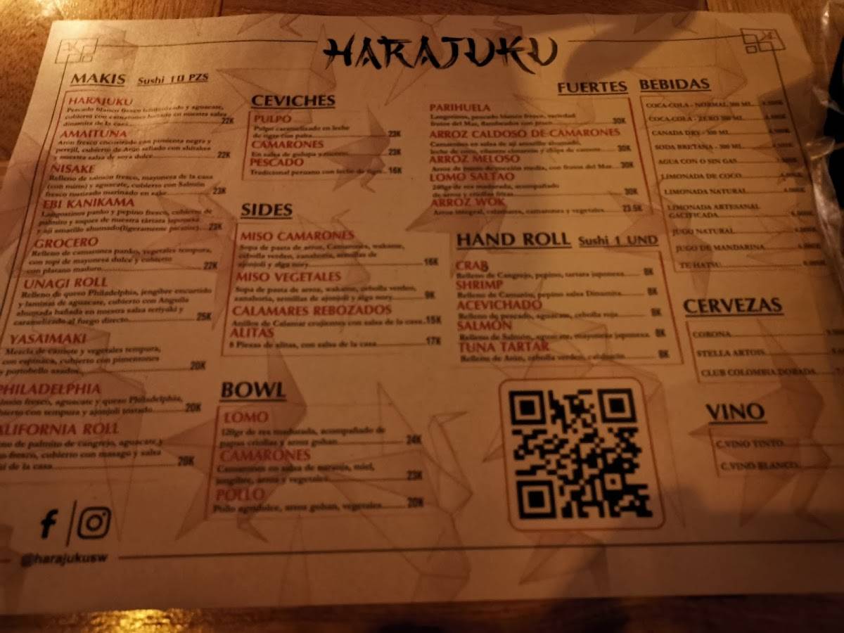 Carta del restaurante Harajuku cocina nikkei, Bogotá