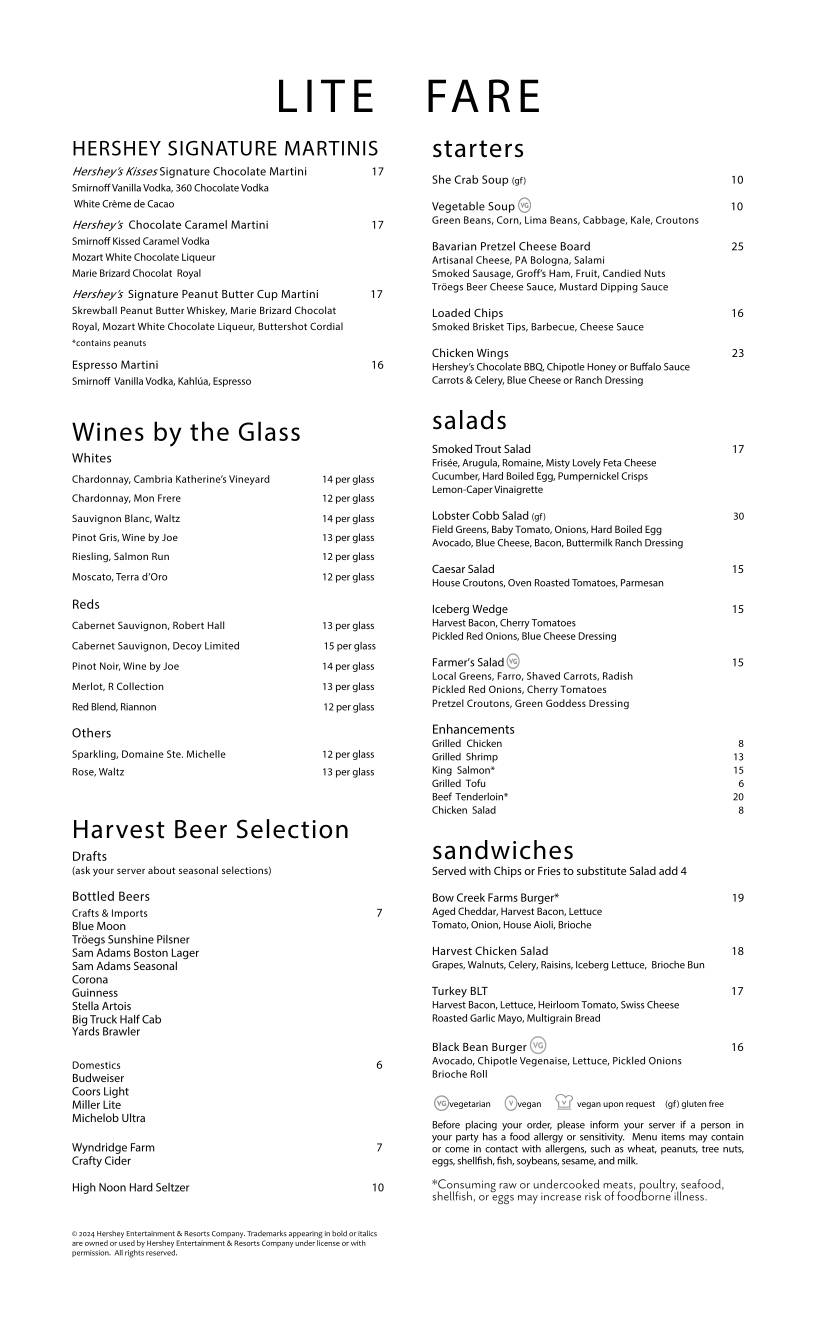 Menu at Harvest restaurant, Hershey