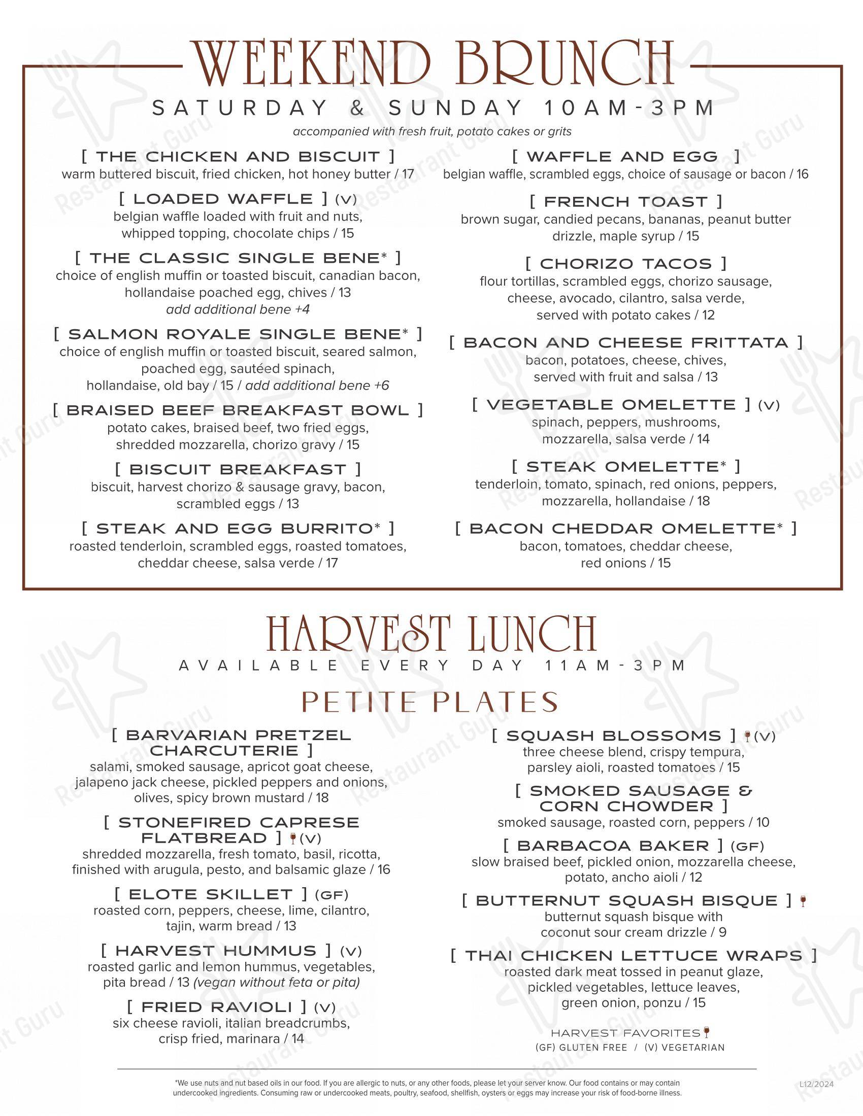 Menu at Harvest Restaurant & Bar, The Villages