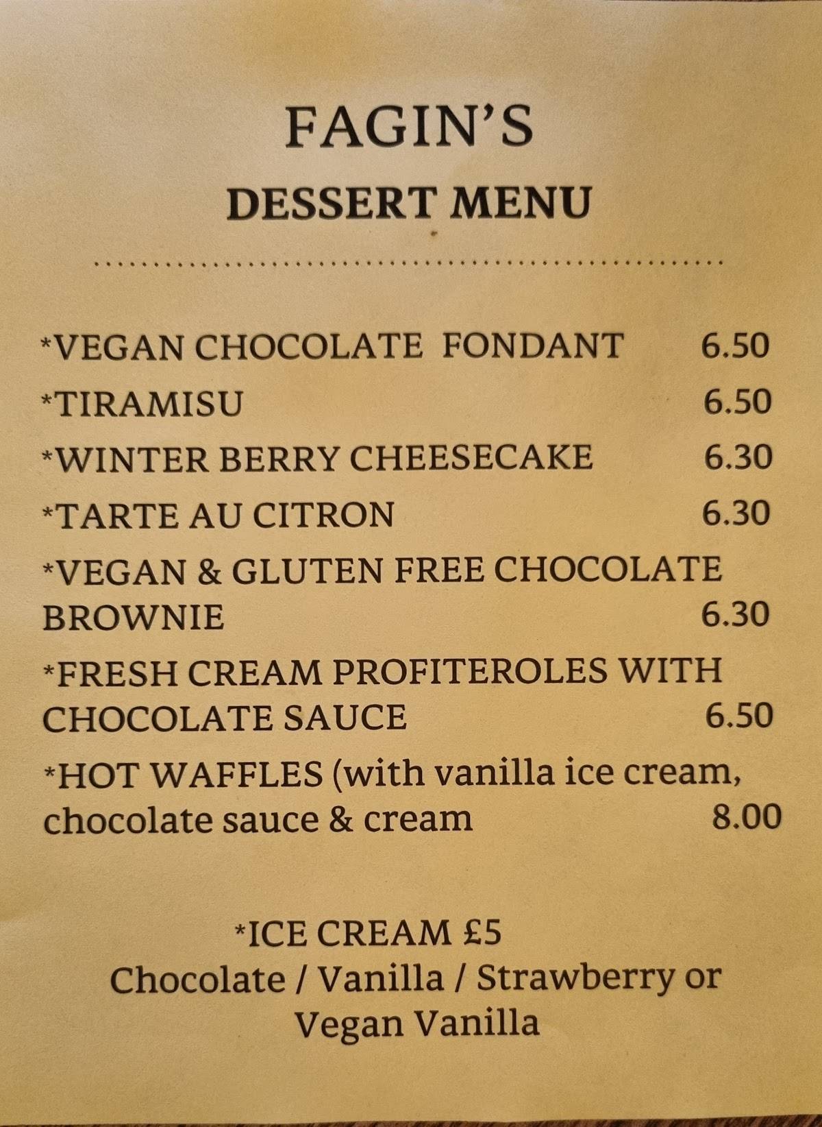 Menu at Fagin's restaurant, Hastings