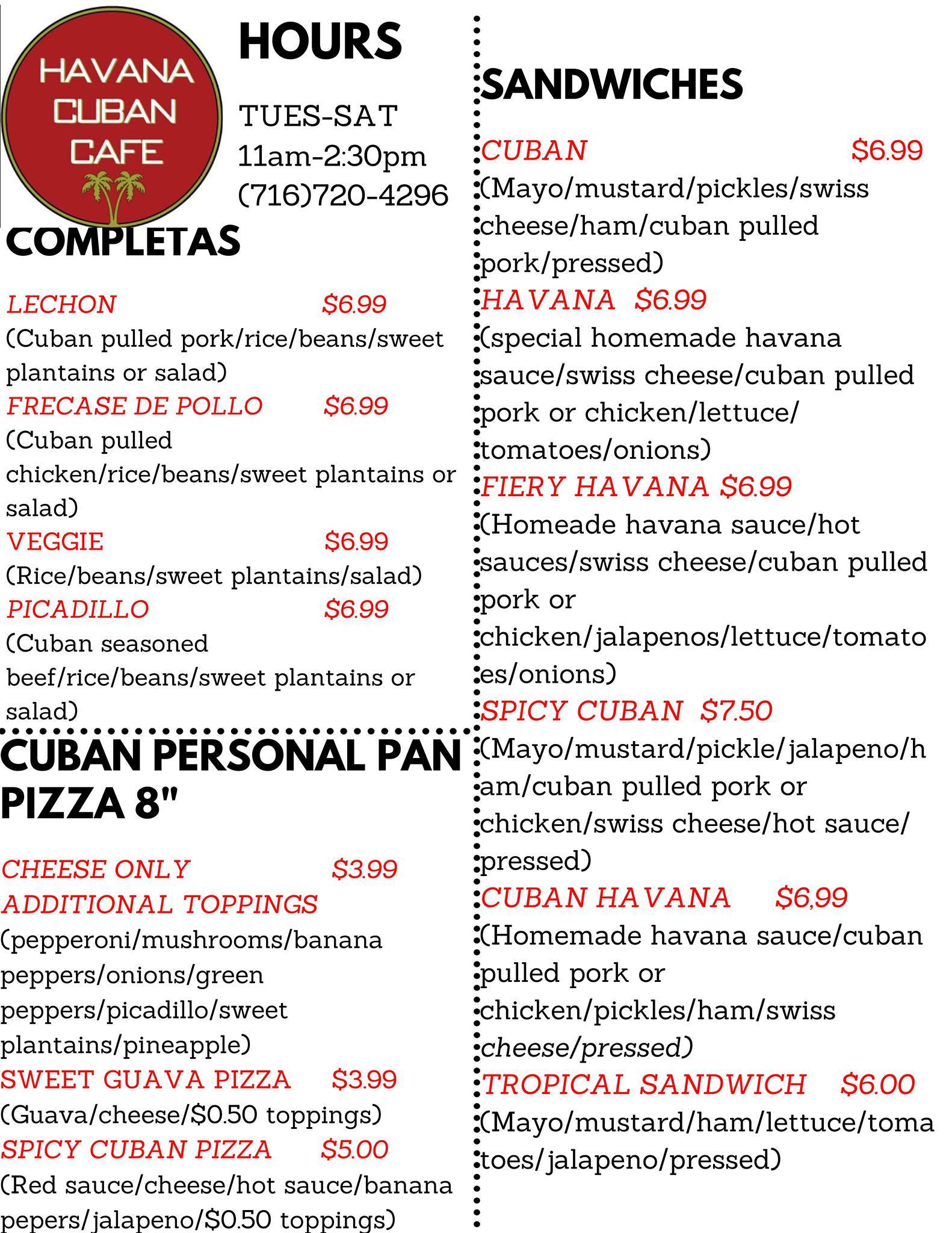 Carta de Havana Cuban Cafe & Pizzeria, Jamestown