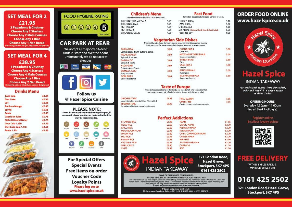 Menu at Hazel Spice cuisine restaurant, Stockport