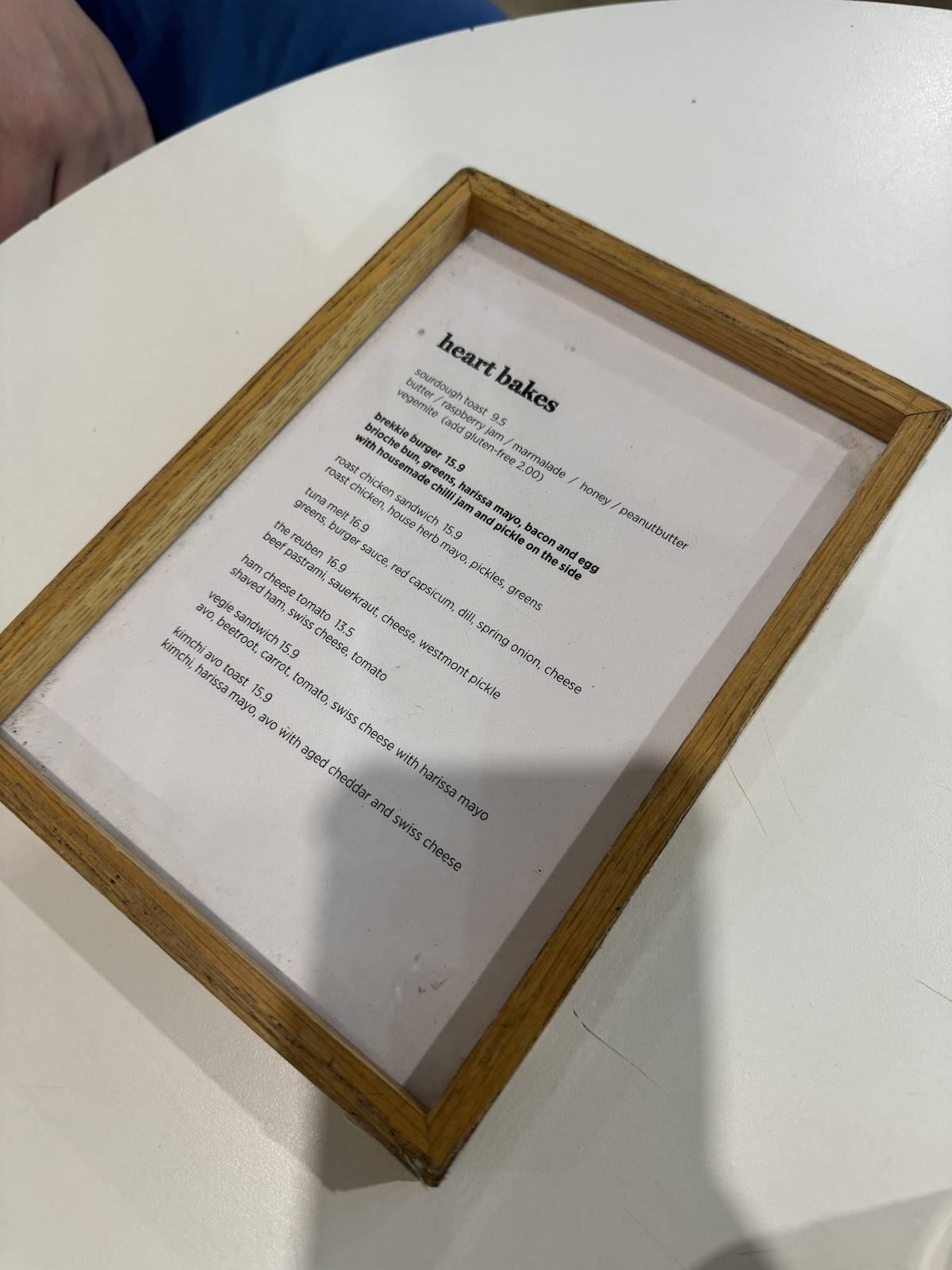 Menu at Heart Bakes cafe, Port Melbourne