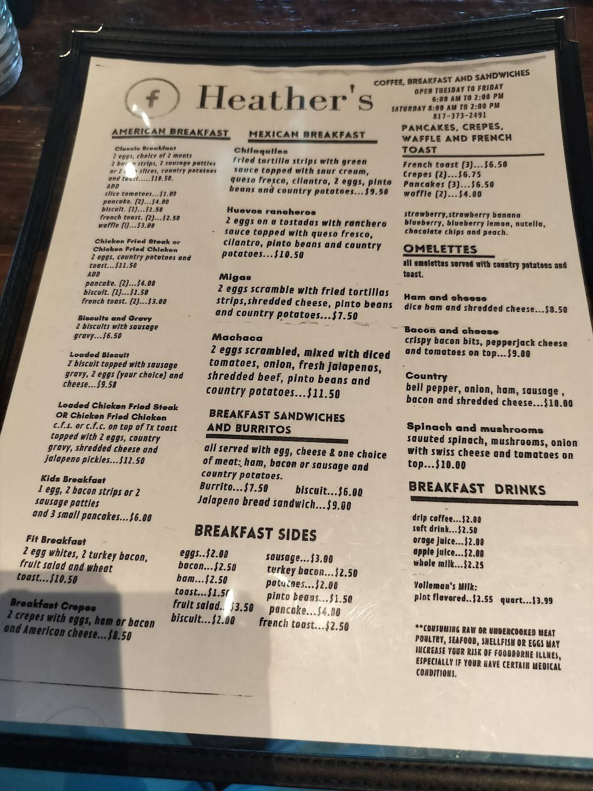 Menu at Heather’s restaurant, Rio Vista
