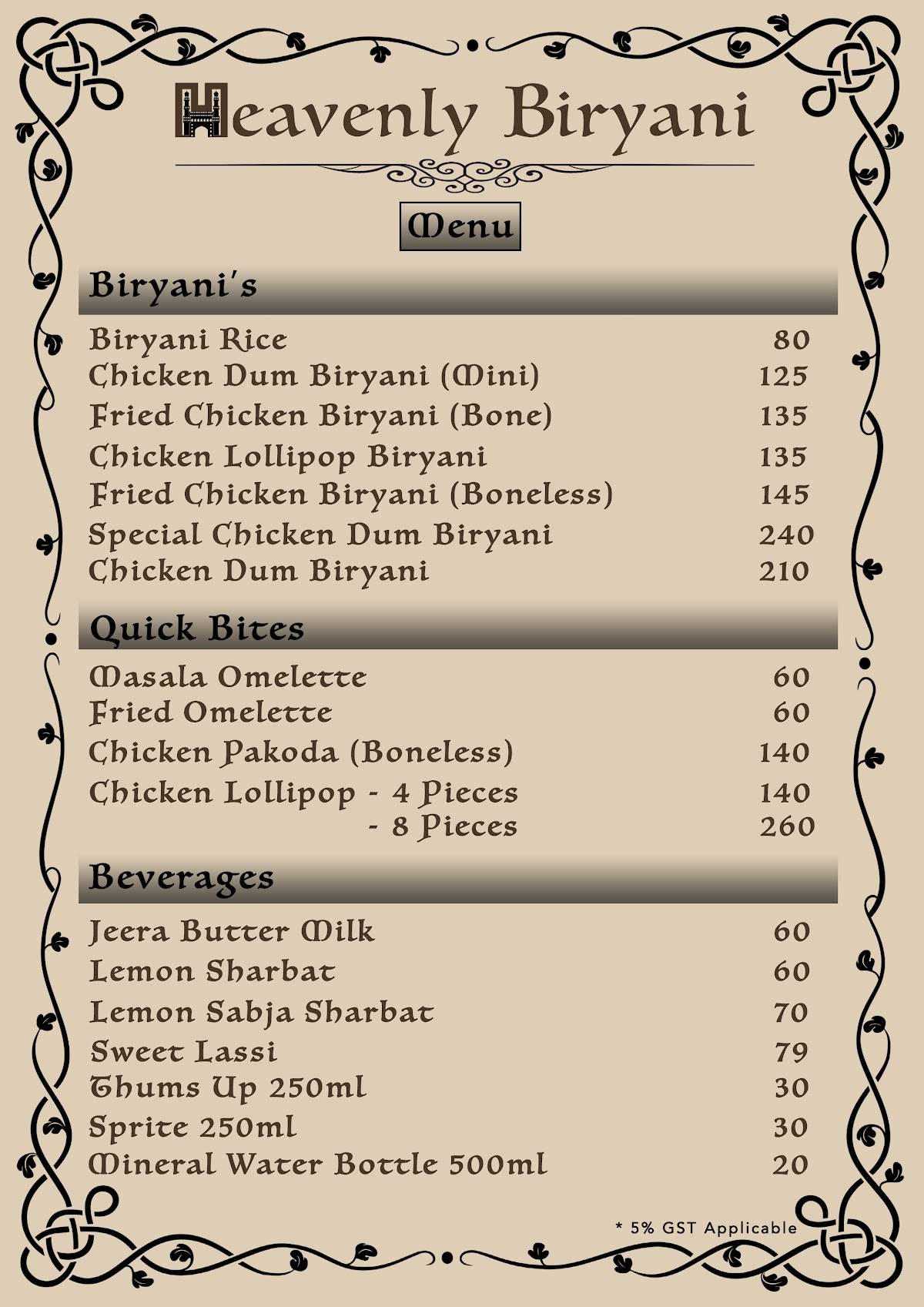 Menu at Heavenly Biryani, Hyderabad