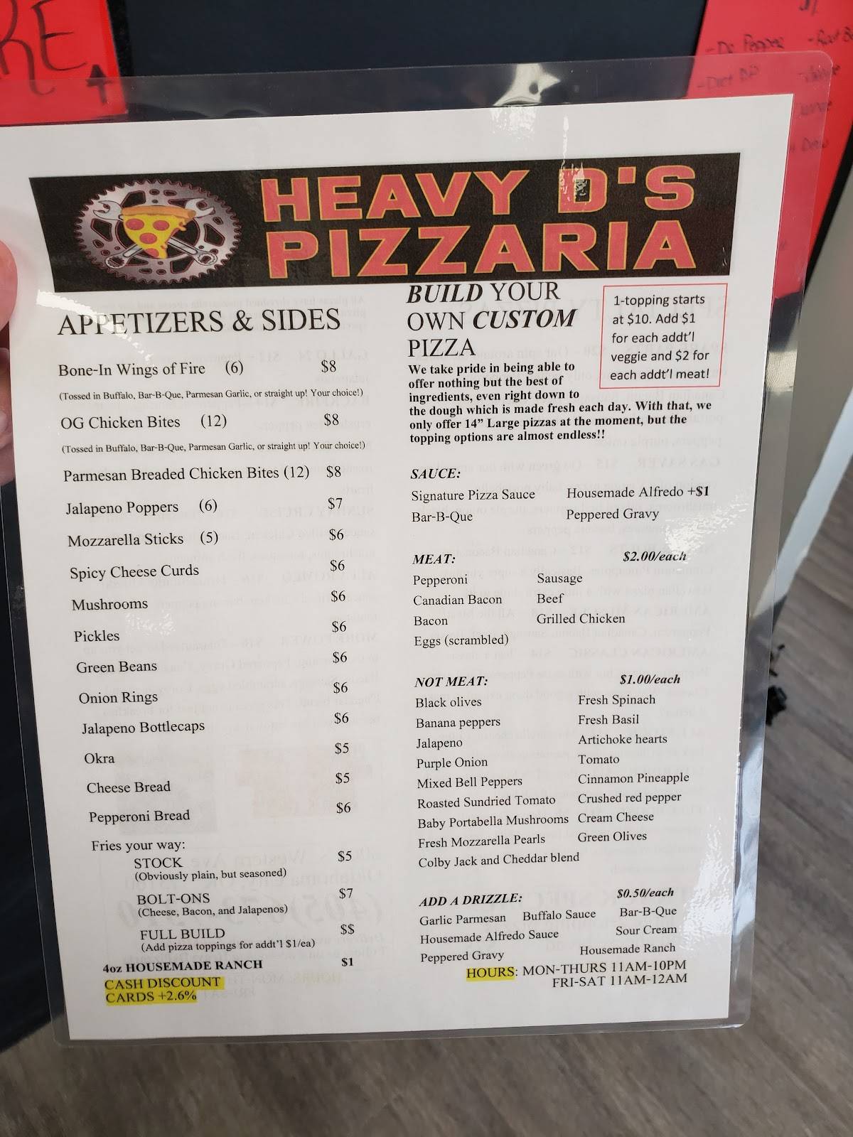 Menu at Heavy D's Pizzaria pizzeria, Oklahoma City
