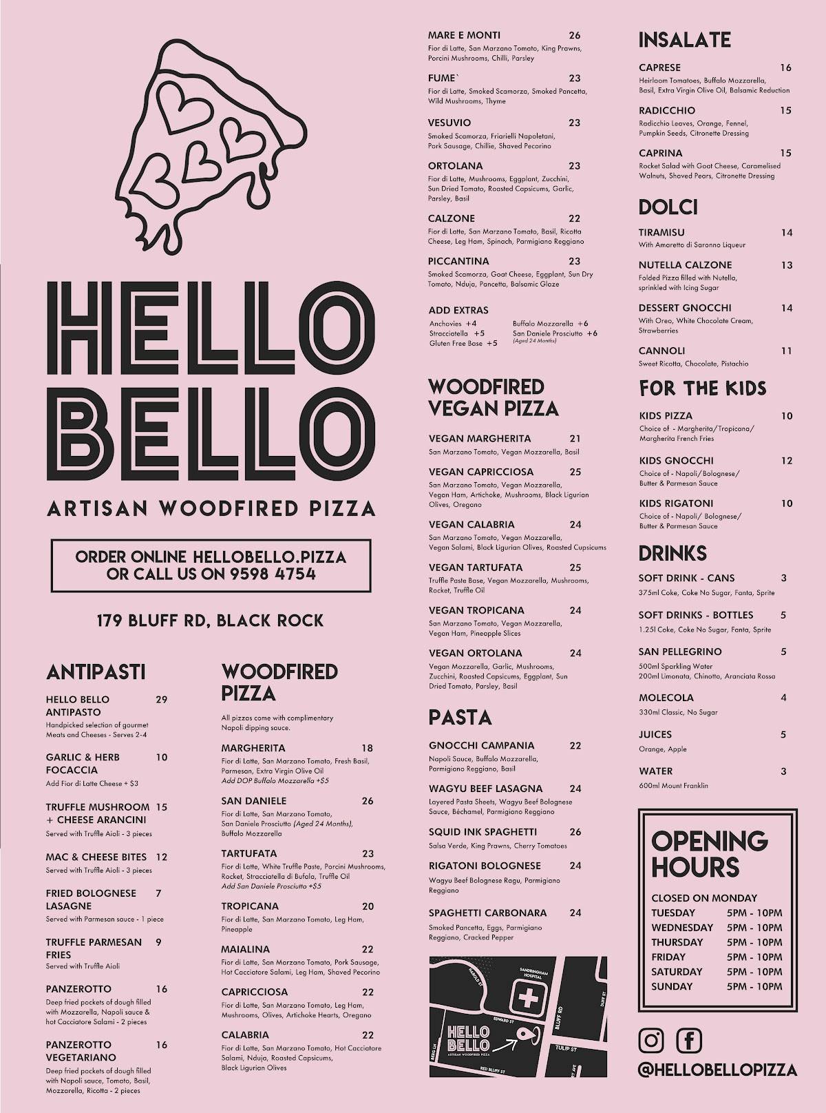 Carta de pizzería Hello Bello Pizza, Black Rock