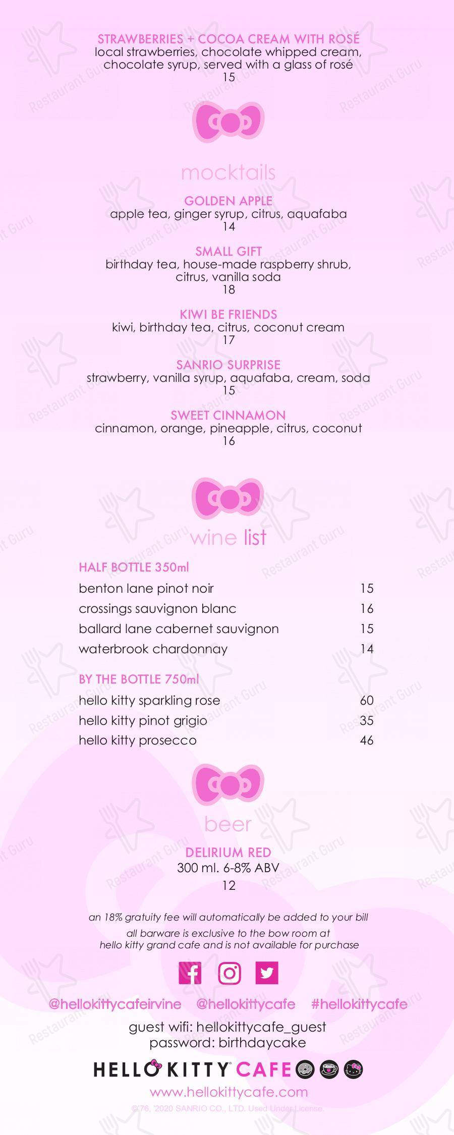 Carta de Hello Kitty Cafe at The Park MGM Las Vegas, Las Vegas