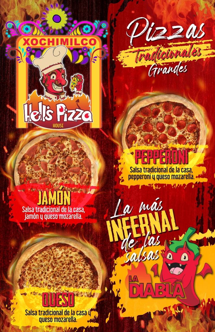 Menu at Hell's Pizza House pizzeria, Mexico City