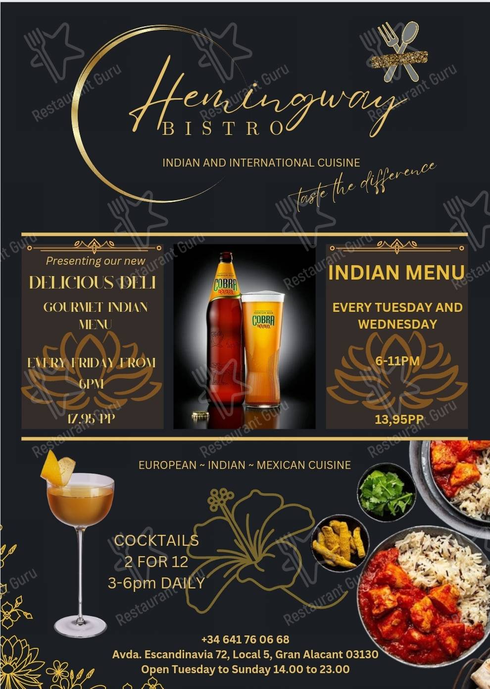 Menu at Hemingway Bistro restaurant, el Gran Alacant