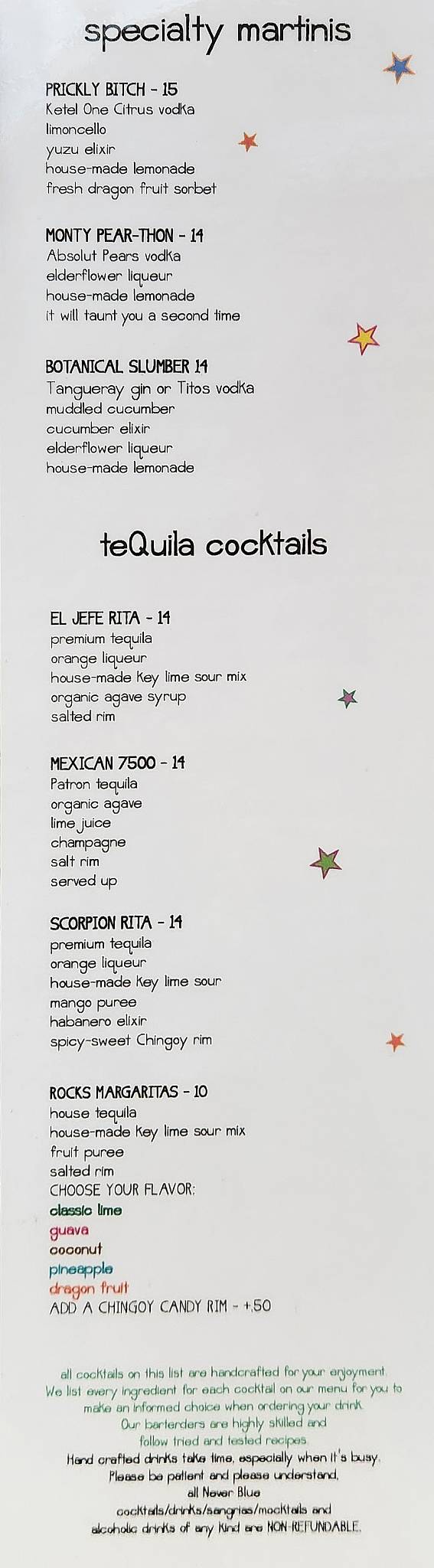 Menu at Never Blue restaurant, Hendersonville