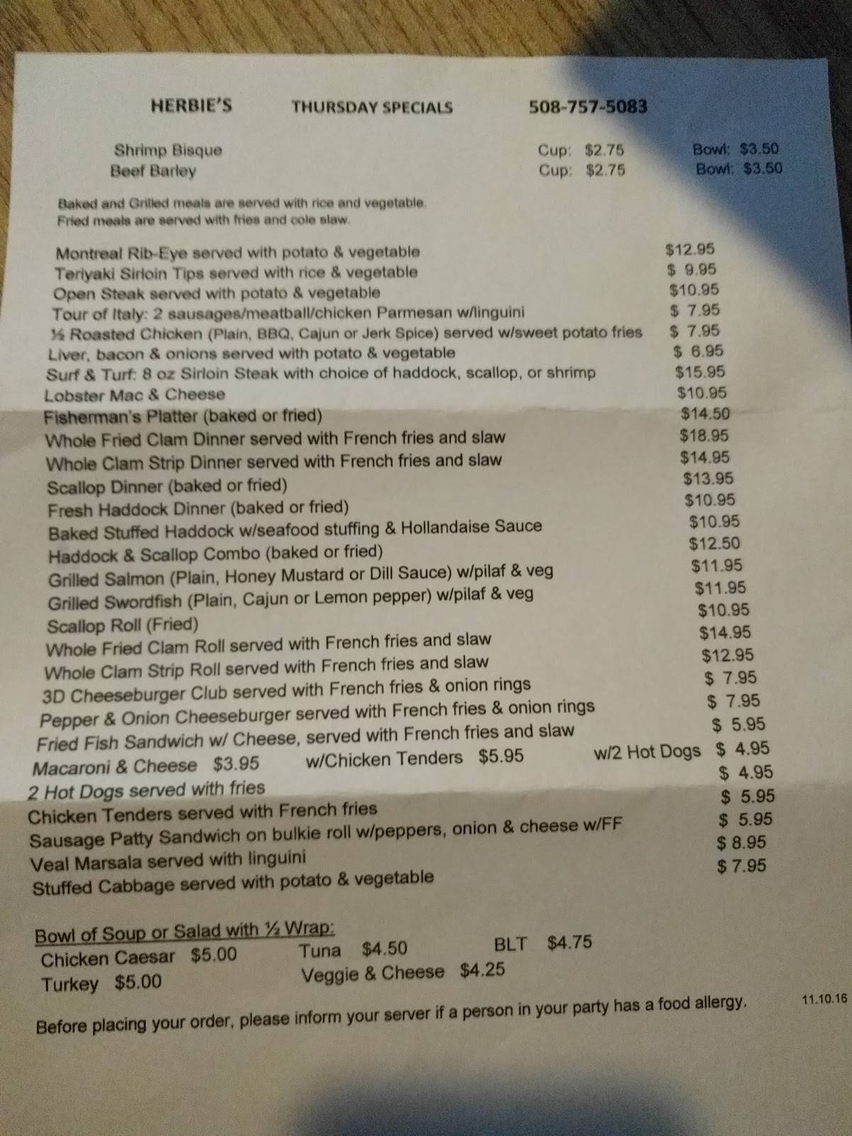 Menu at Herbie's pub & bar, Worcester
