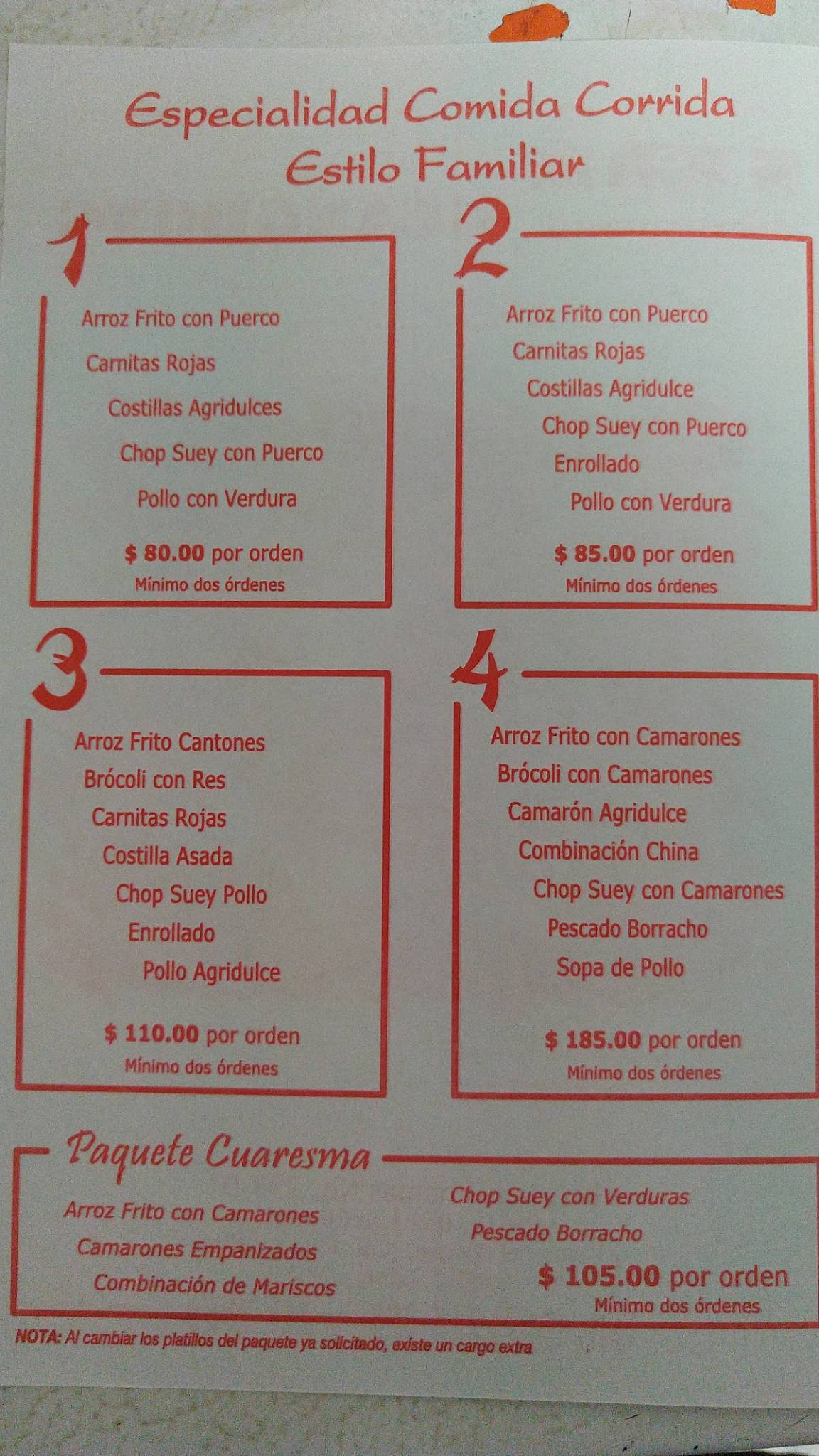 Carta de Restaurante Guandong, Hermosillo