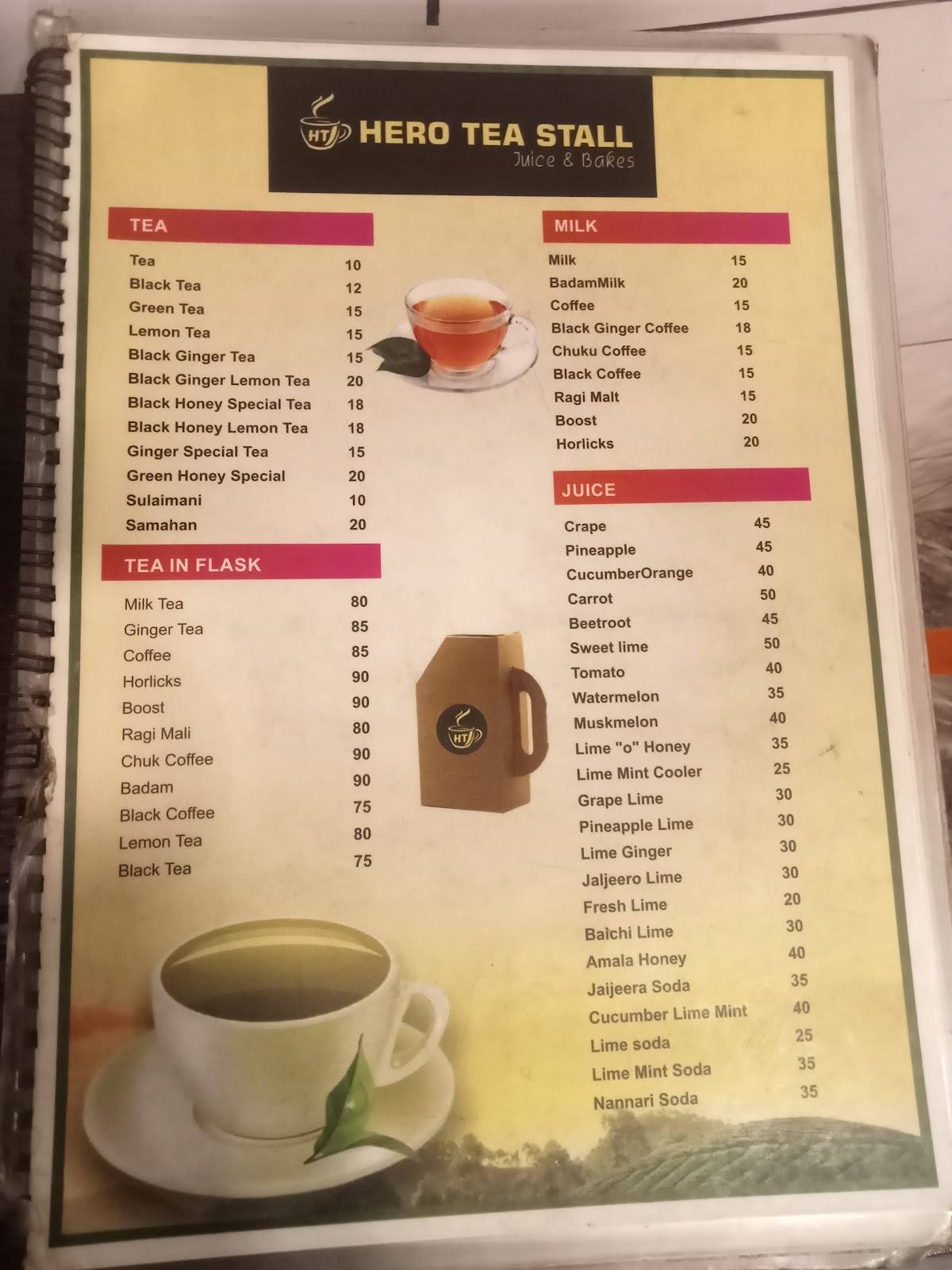 Menu at Hero tea stall, Chennai, Church Rd