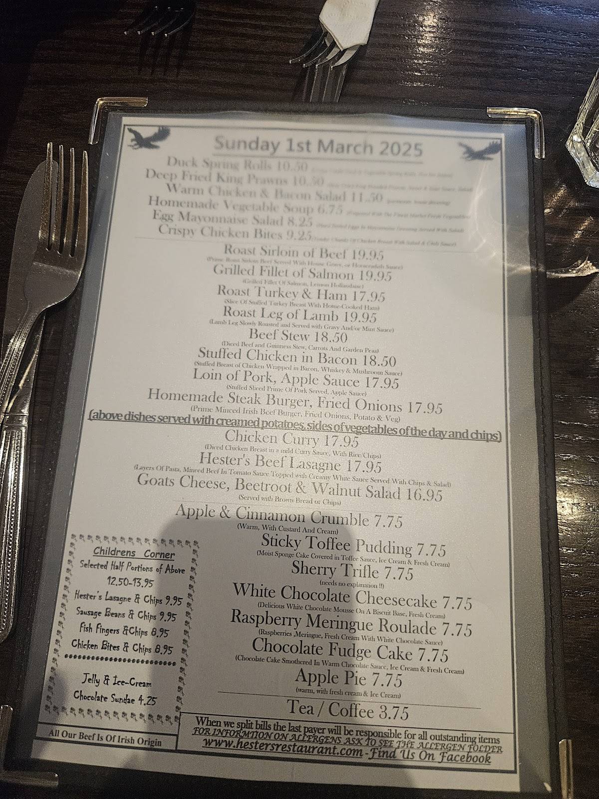 Menu at Hester's Golden Eagle Bar and Restaurant, Castlerea