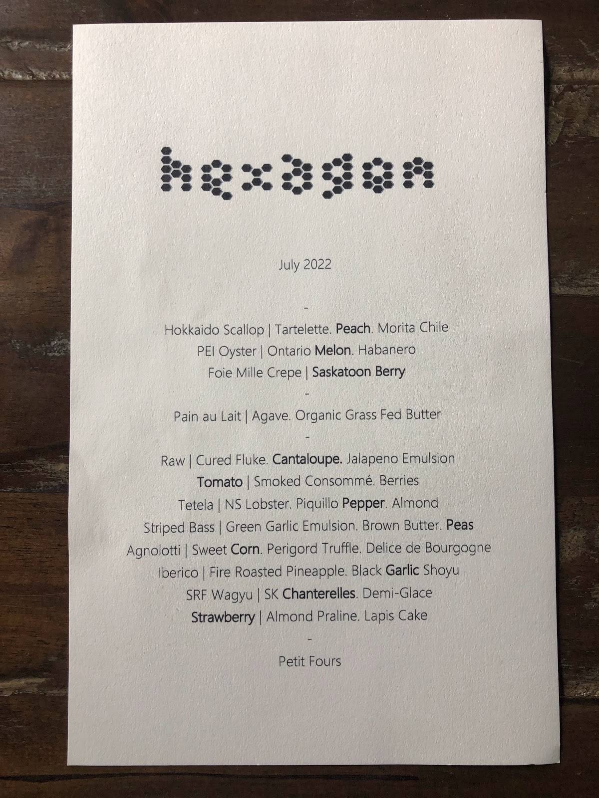Menu at Hexagon Restaurant, Oakville