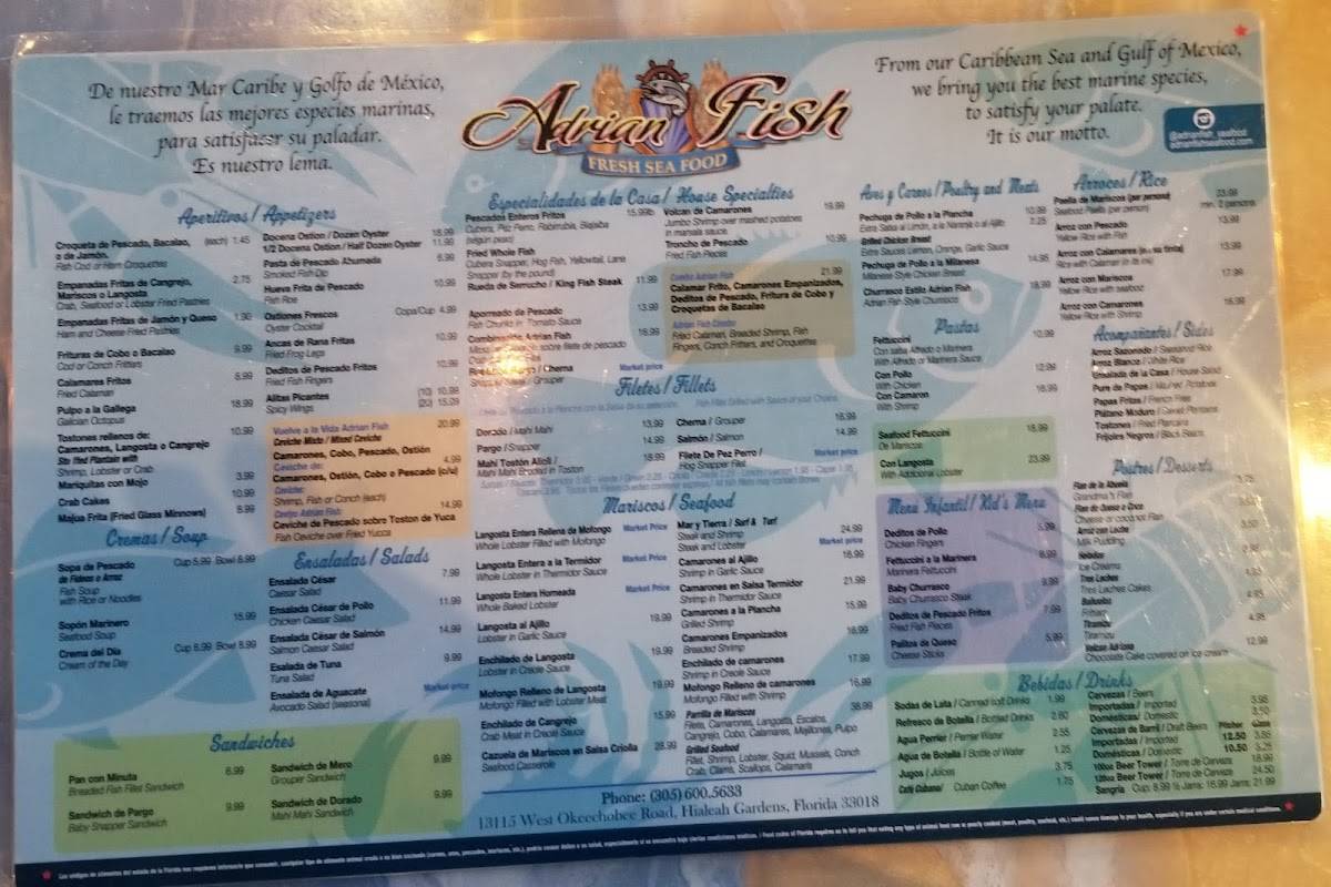 Menu at Adrian Fish Market & Restaurant, Hialeah Gardens