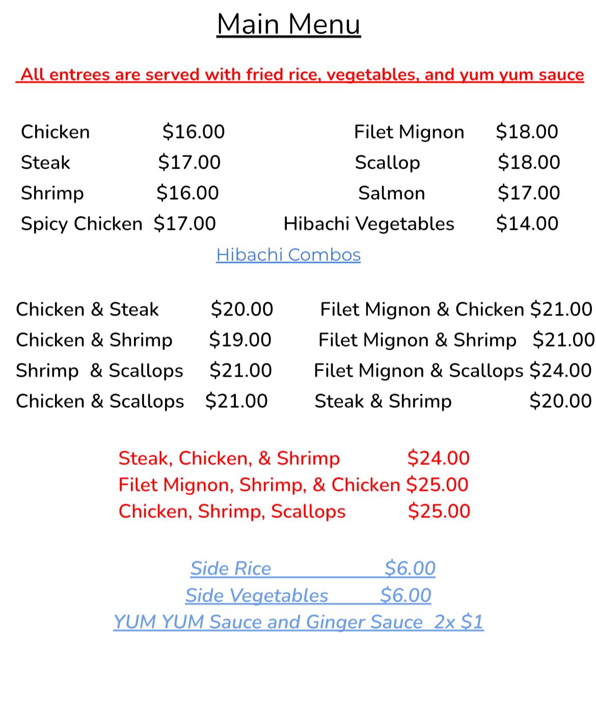 Menu at Hibachi Mobile restaurant, Ashland