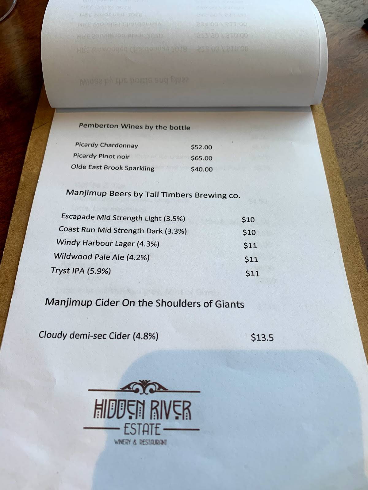 Menu at Hidden River Estate restaurant, Pemberton