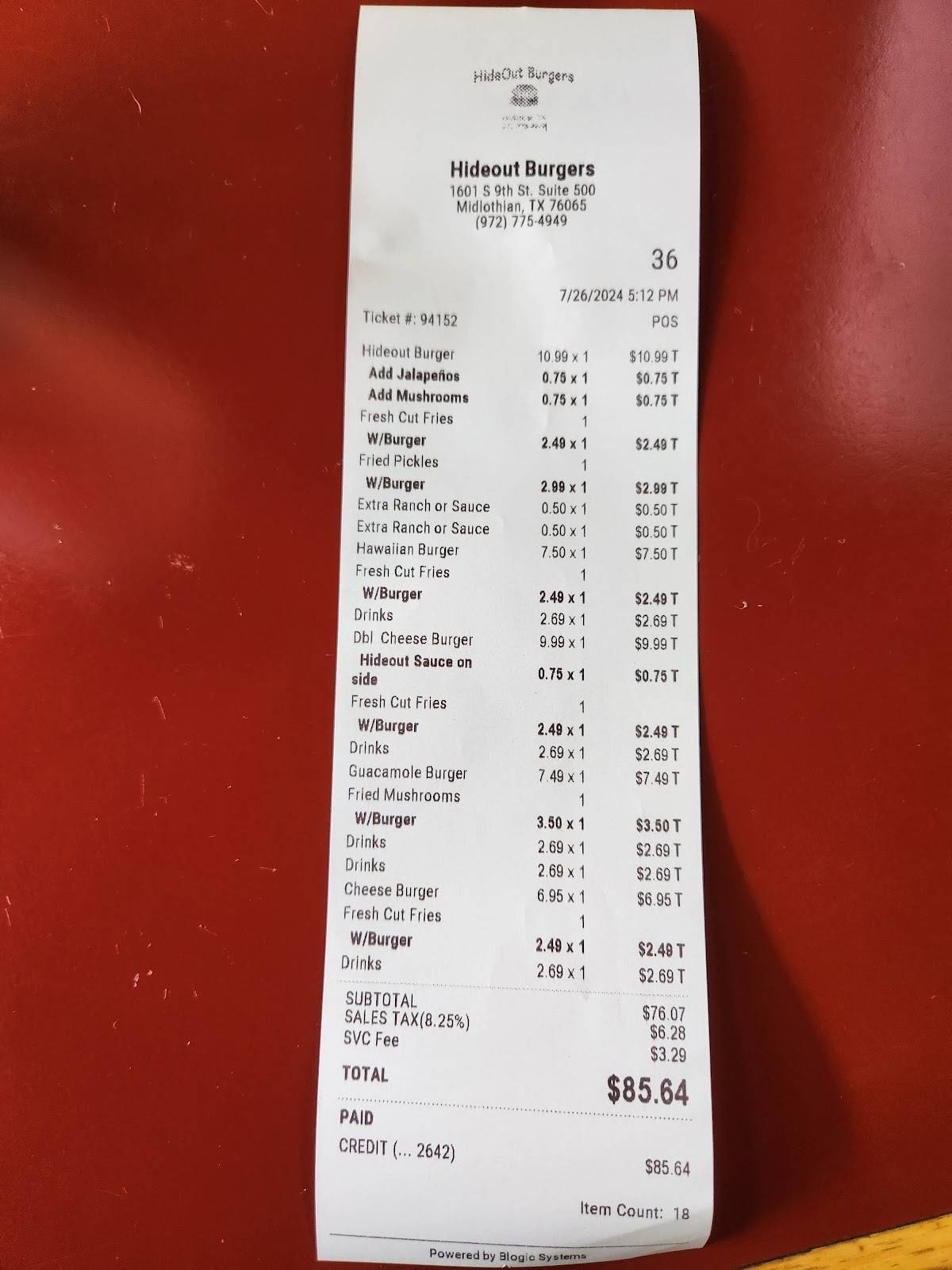 Carta del restaurante Hideout Burgers, Midlothian