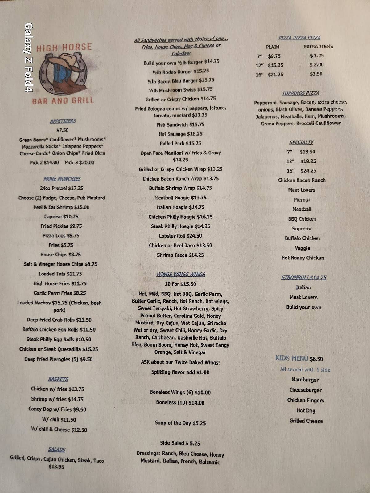 Menu at High Horse Bar and Grill, Fort Myers