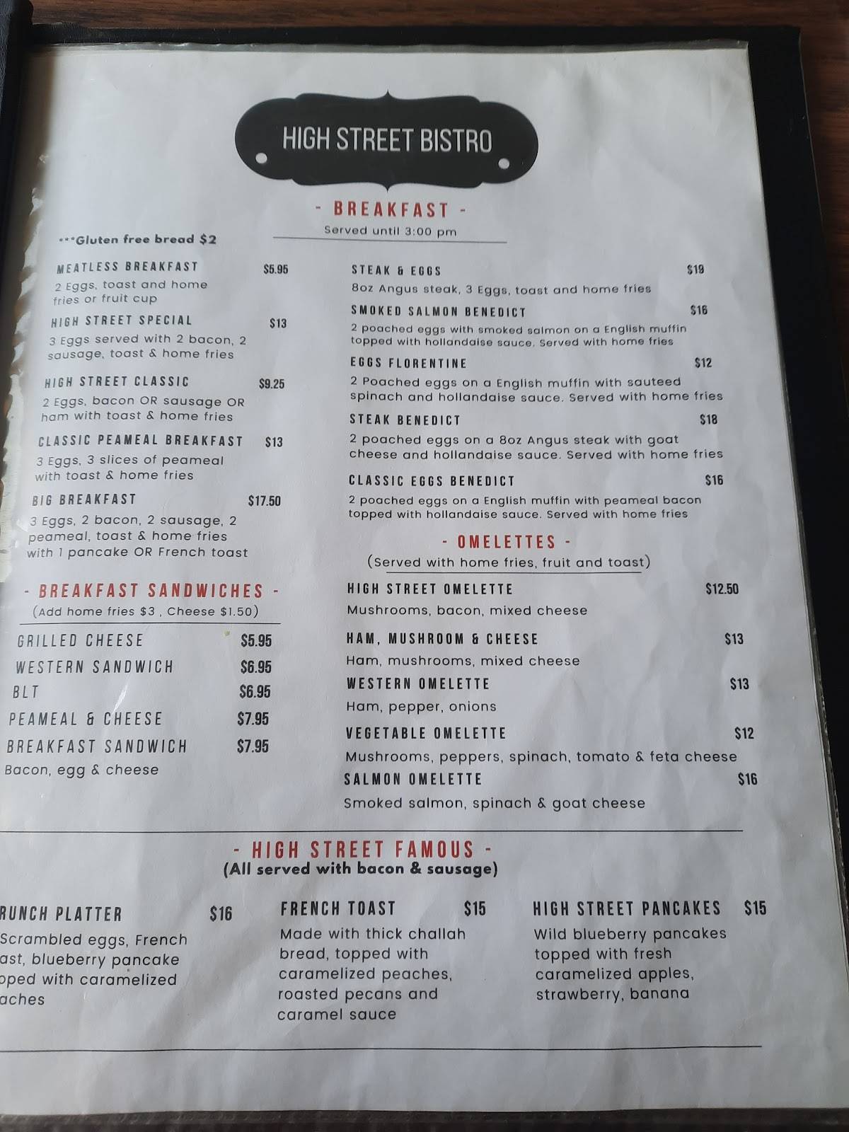 Menu at High Street Bistro restaurant, Georgina