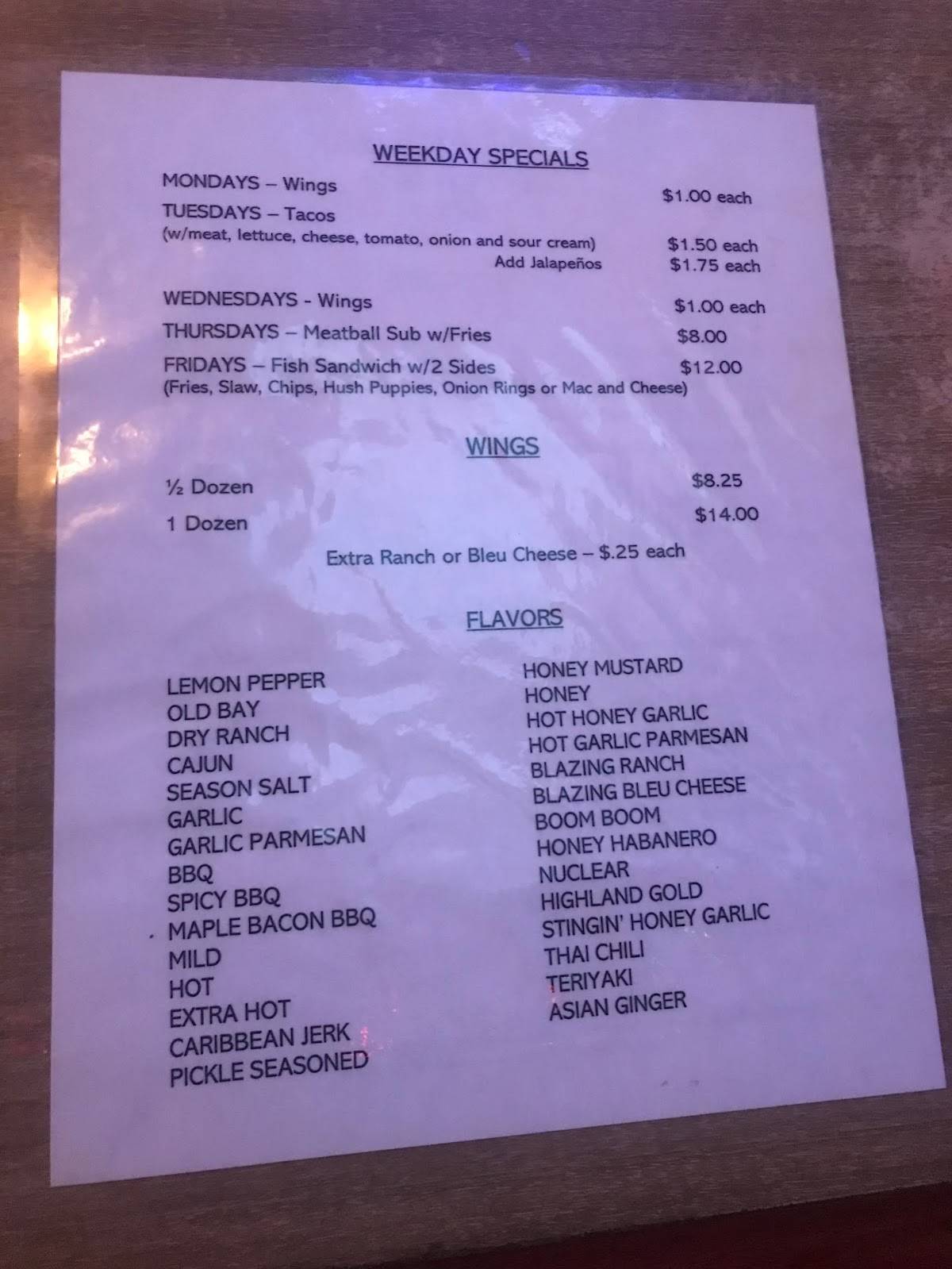 Menu at Highland Bar, Pittsburgh