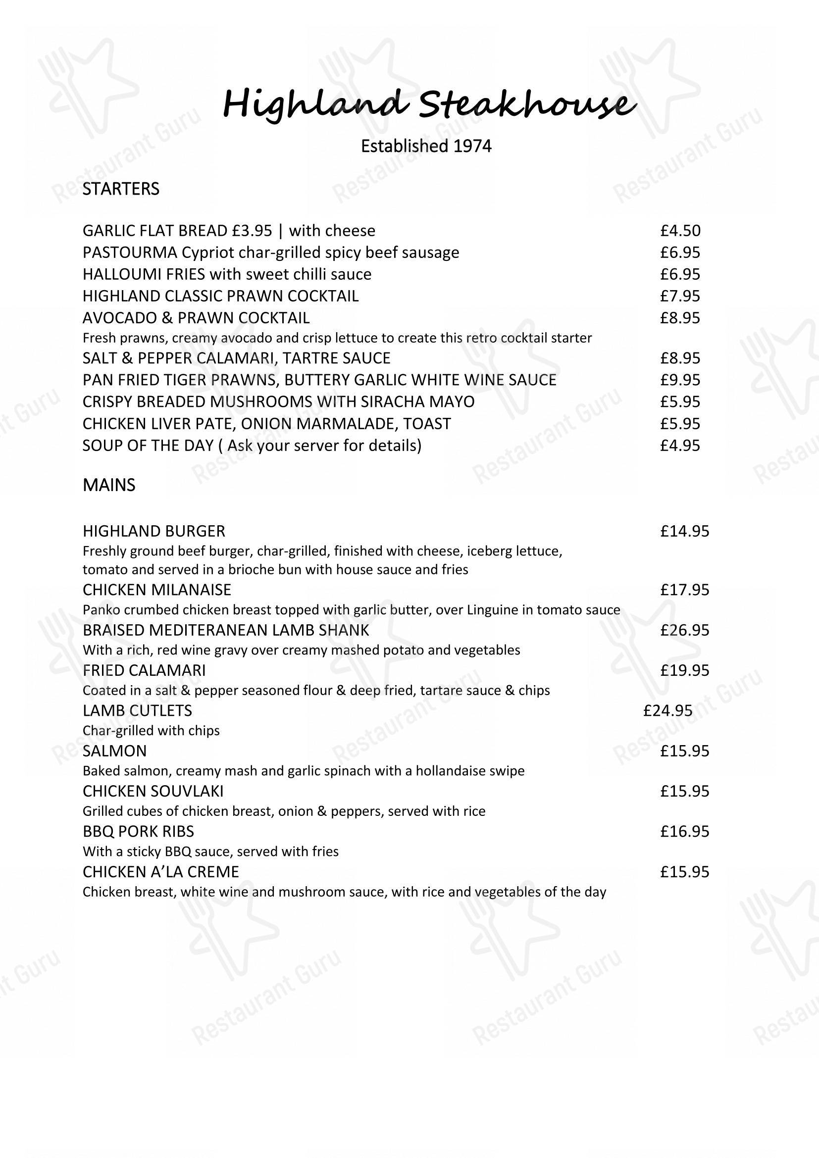 Menu at Highland Restaurant, Broxbourne
