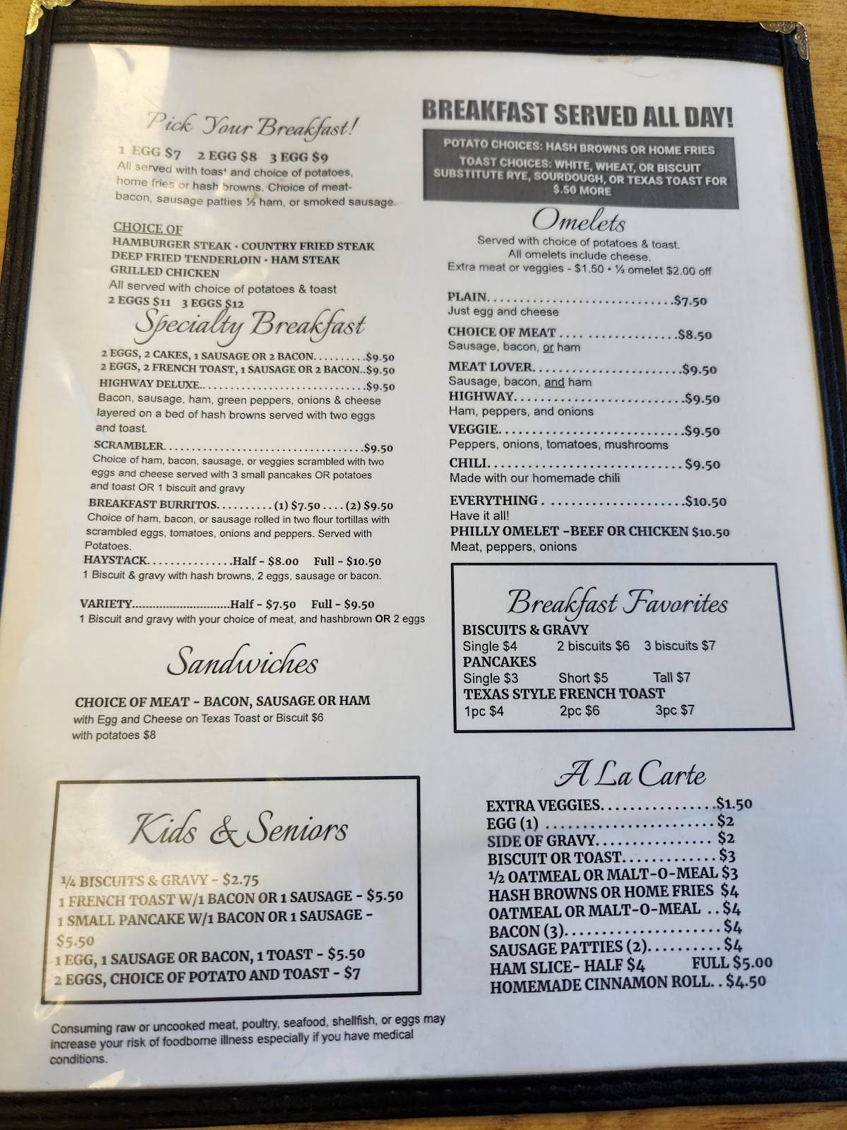 Menu at Highway Cafe, Lincoln