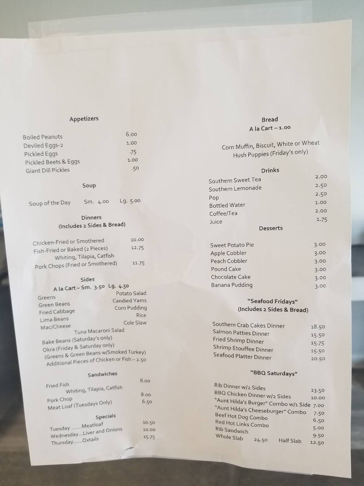 Menu at Hilda's Soul Food Kitchen BBQ, Munhall