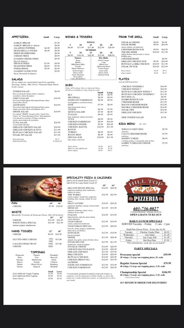 Menu at Hill Top Pizzeria - Pizza Delivery & Sports Bar, Epsom