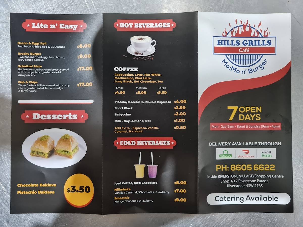 Menu at Hills Grills restaurant, Riverstone