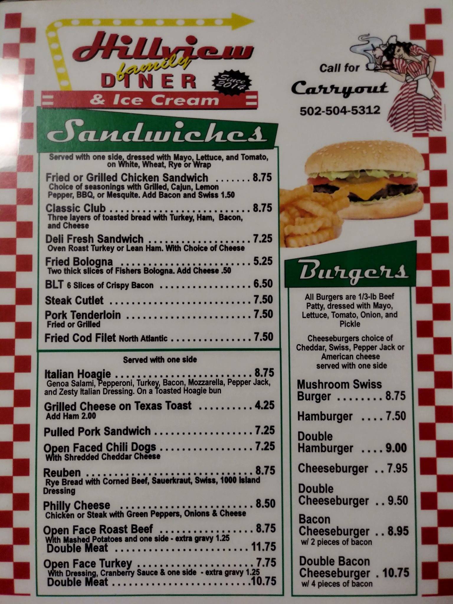 Menu at Hillview Family Diner restaurant, Louisville