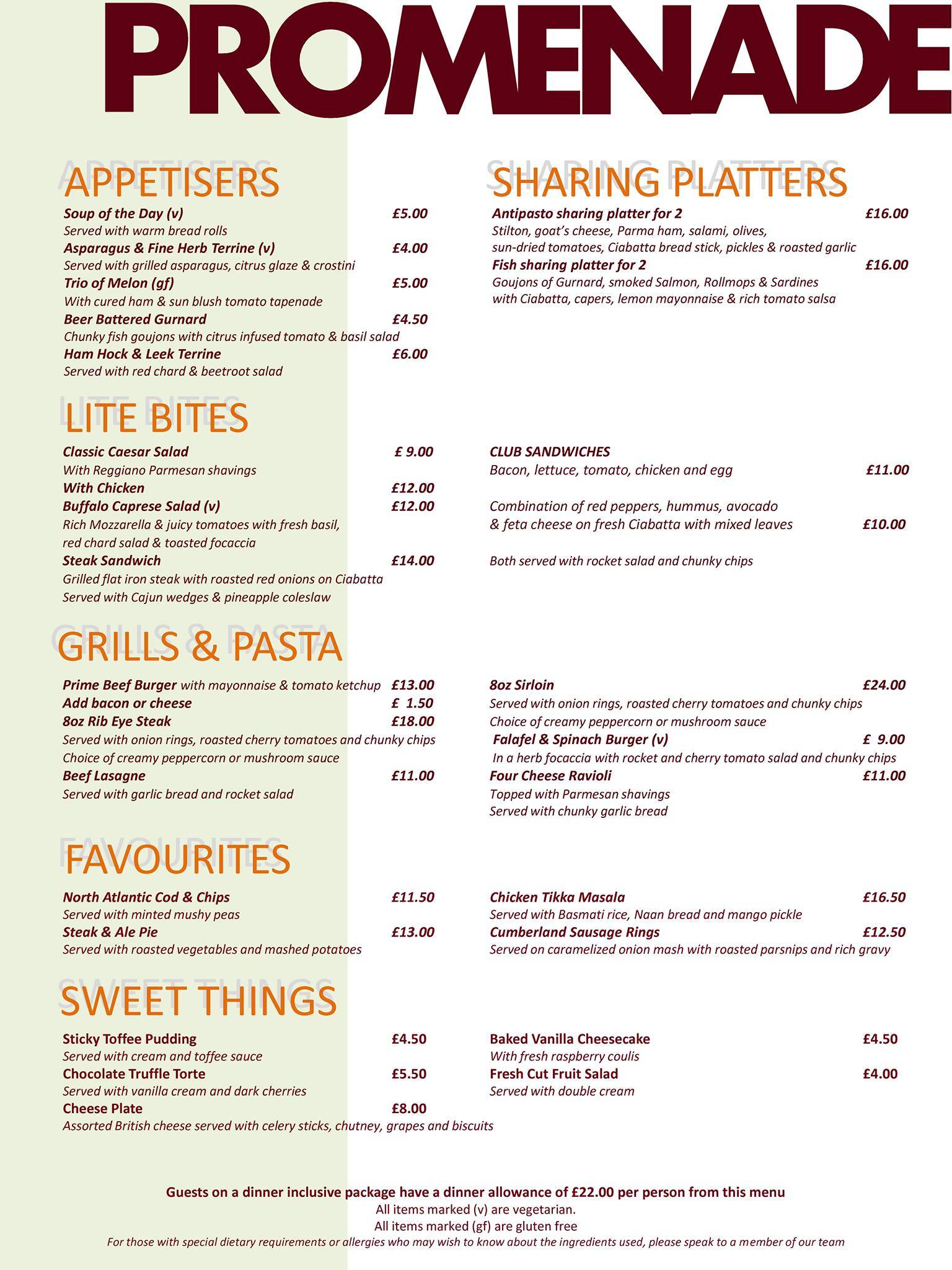 Menu at Promenade Restaurant, Blackpool