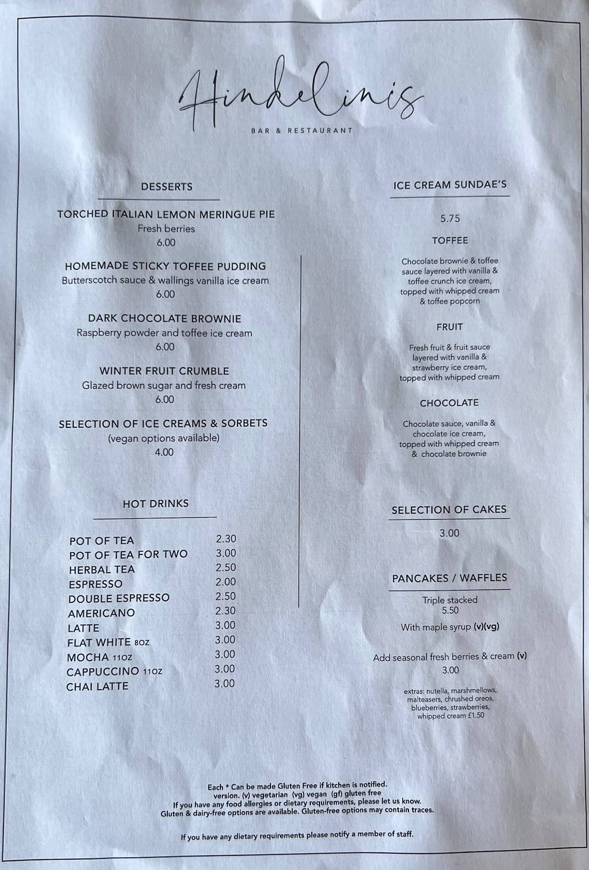 Menu at Hindelinis restaurant, Gisburn