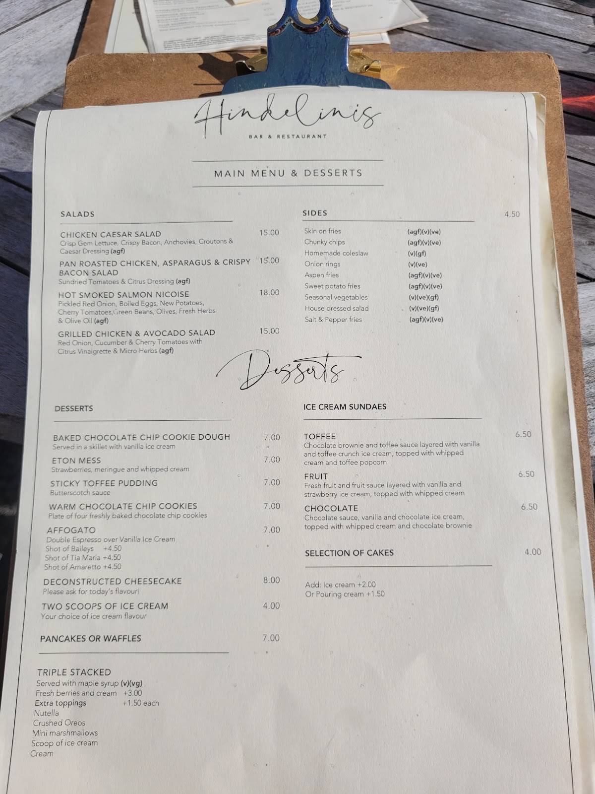 Menu at Hindelinis restaurant, Gisburn