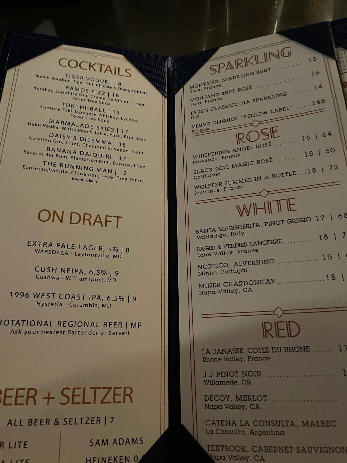 Carta de Hip Flask Rooftop Bar, Bethesda